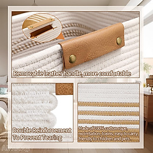 AINUOQI Laundry Hamper - 85L Large Laundry Basket with Leather Handles, Decorative Storage Basket for Blankets - Cotton Rope Woven Baskets for Storage, Clothes Hamper for Living Room, Jute & White