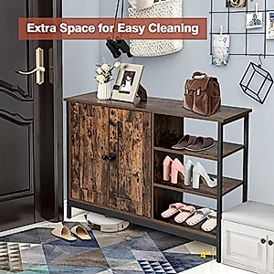 Giantex Industrial Kitchen Storage Cabinet w/Open Shelves, 2-Door Cupboard, Adjustable Shelf, Wooden Buffet Sideboard, Farmhouse Floor Bar Cabinet for Living Room, Entryway (Rustic Brown)