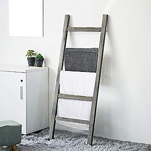 MyGift Rustic Gray Wood Farmahouse Blanket Ladder with 5 Rungs, Decorative Wall Leaning Bathroom Towel Ladder Rack