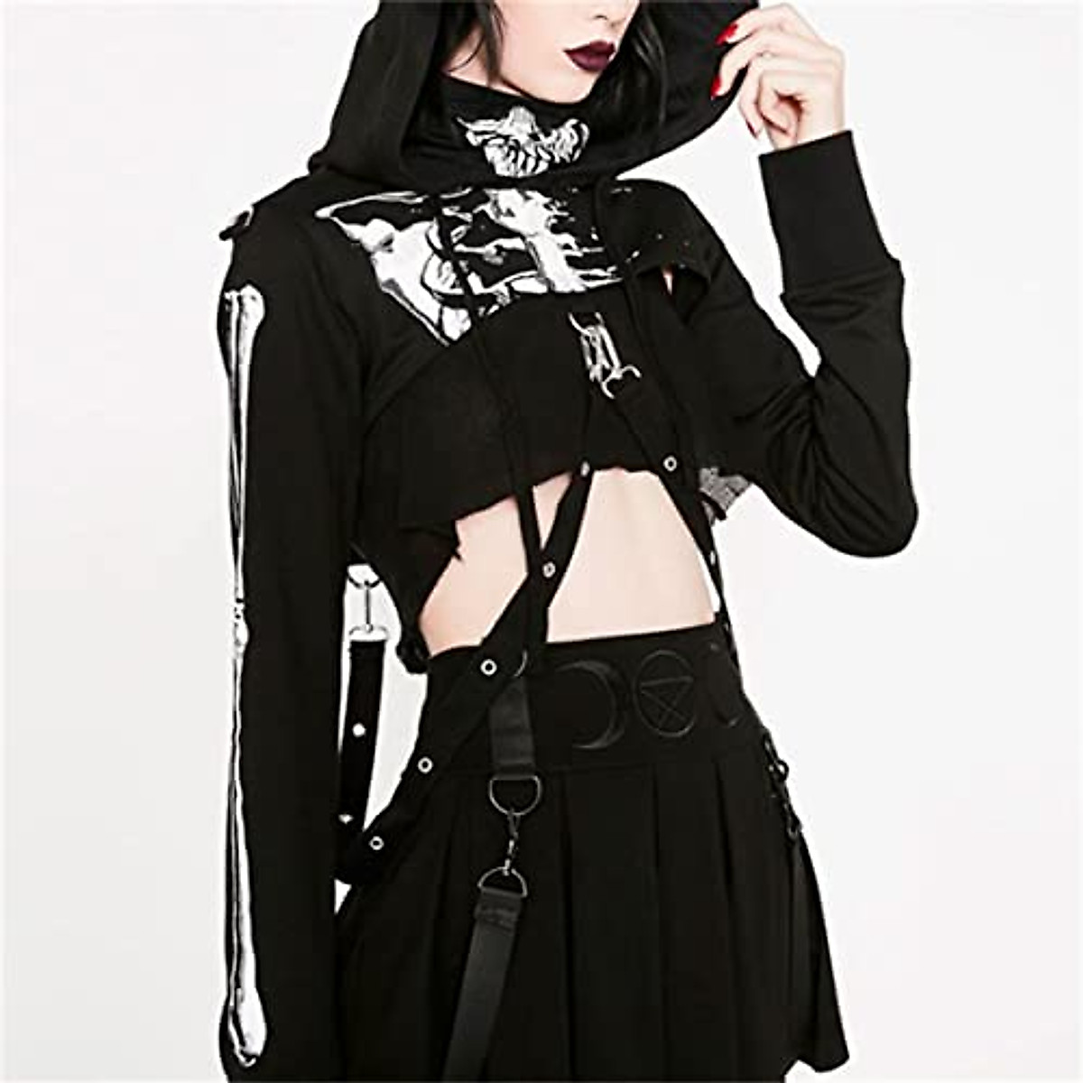 XCJIKUKE Gothic Hoodies Skeleton Sweatshirt Punk Halloween Crop Tops Long Sleeve For Women Goth Mask Sexy Rave Outfit Festival Clothing