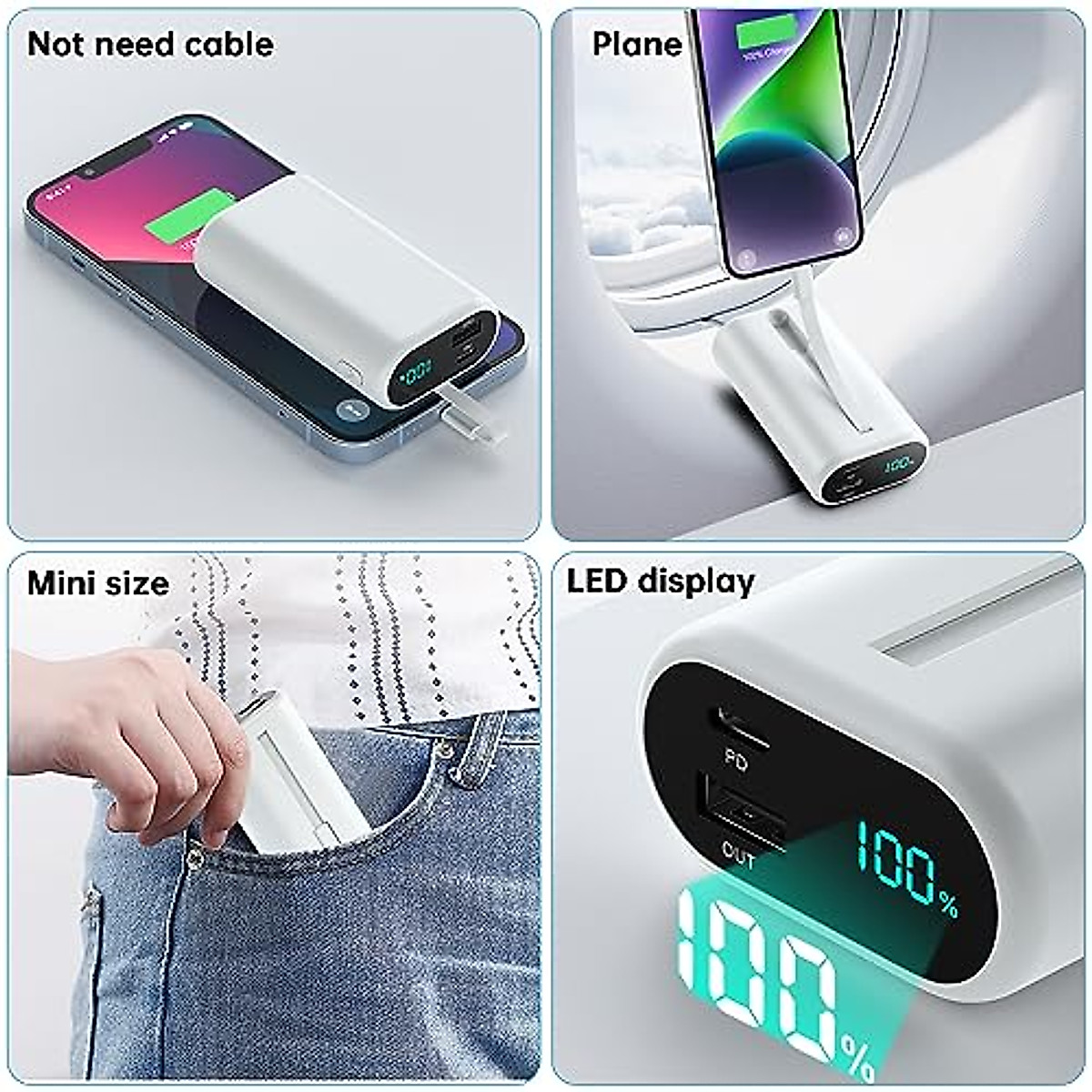 Portable Charger 10800mAh for iPhone,Small & Ultra-Compact 15W PD Fast Charging Power Bank ,LCD Display Battery Pack with Built-in-Cable Compatible with iPhone 14/14 Pro Max/13/12/X/XR/XS/8/7/6-White