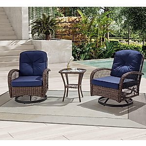 IMUsee Patio Furniture Set, 3 Pieces Swivel Rocking Chairs Outdoor Wicker Patio Bistro Set with Thick 4" Cushions, Brown & Blue
