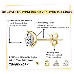 Milacolato Tiny Stud Earrings Set for Women 14K Gold Plated Sterling Silver Small Ball Trio Ball CZ Studs Round Cubic Zirconia Simulated Diamond Earring Minimalist Tragus Cartilage Piercing