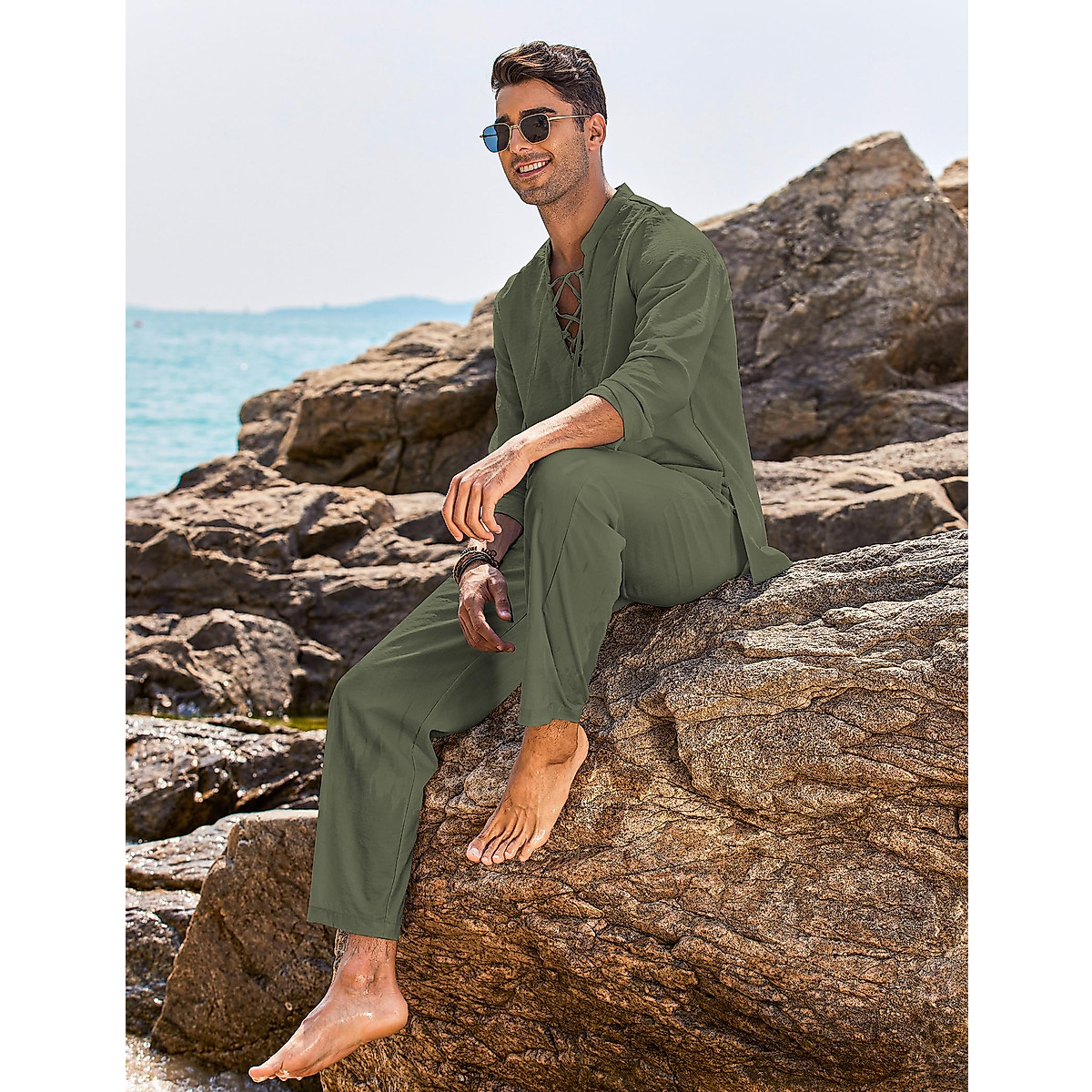 COOFANDY Men's 2 Piece Linen Sets Casual Long Sleeve Shirt and Loose Pants Set Beach Vacation Outfits, Army Green, X-Large