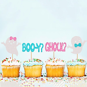 Ercadio 24 Pack Boo-y or Ghoul Cupcake Toppers Glitter Halloween Ghost Cupcake Picks Boy or Girl Cupcake Toppers Baby Shower Birthday Halloween Themed Gender Reveal Cake Decorations Supplies