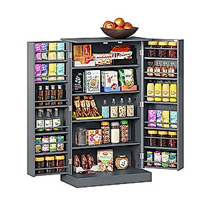 Yusong Kitchen Pantry Storage Cabinet with Doors and Adjustable Shelves, 41" Freestanding Utility Cupboard Cabinets for Dining Room, Living Room, Grey