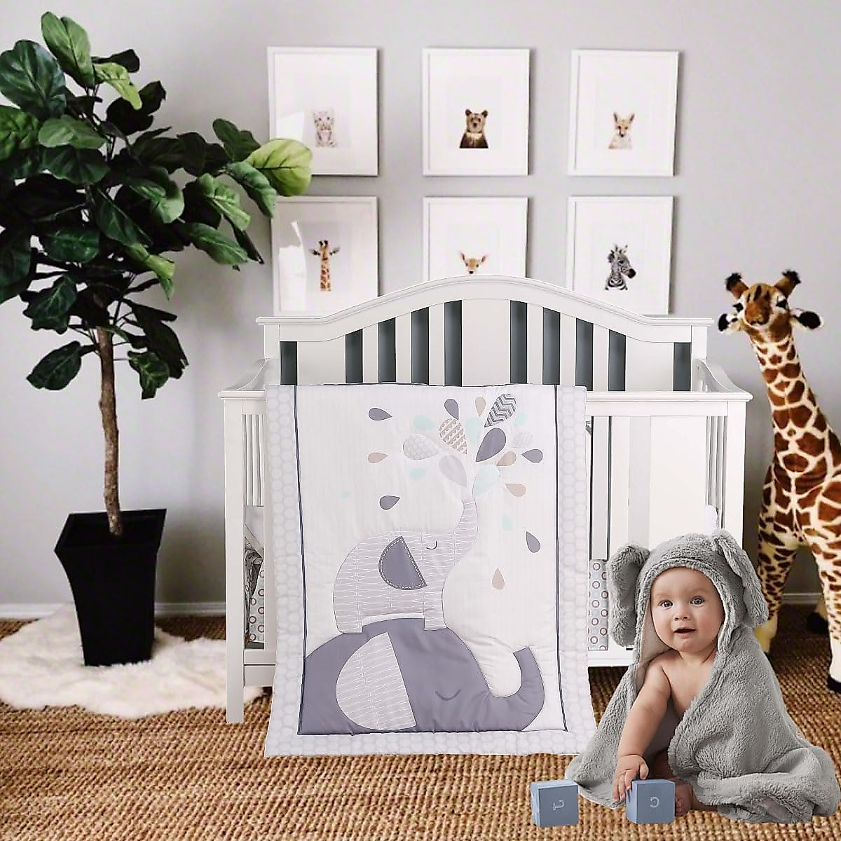Brandream Playful Elephant Baby Crib Bedding Set for Boy, Girl and Unisex Nursery - Baby Quilt, Fitted Crib Sheet, Crib Skirt Included, 3 Pieces Grey & Mint
