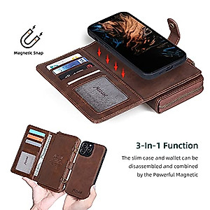 QIXIU for iPhone 12 Pro Max Wallet Case, Multi-Function Wallet Case, Detachable 3 in 1 Magnetic iPhone 12 Pro Max Case Wallet, Flip Strap Zipper Card Holder Phone Case with Shoulder Straps(Brown)