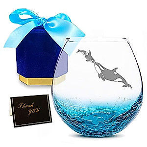 Orca Whale Gifts, Christmas Gifts for Mom, Killer Whale Orca Handmade Etched Crackle Wine Glass Orca Gifts for Beach Party