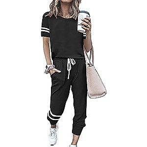 PRETTYGARDEN Women’s Summer Two Piece Outfits Striped Short Sleeve Pullover and Long Pants Tracksuit Pajama Lounge Jogging Set With Pockets (Black, Large)