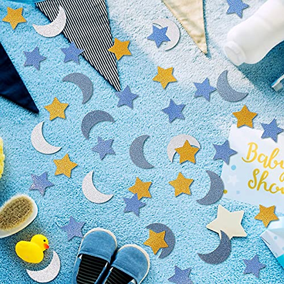 400 Pieces Glitter Star and Moon Paper Confetti Double Side Table Paper Confetti Sequin for Wedding Birthday Baby Shower Moon and Star Party Ramadan Mubarak Decor (Dark Blue, Light Blue, Gold, Silver)