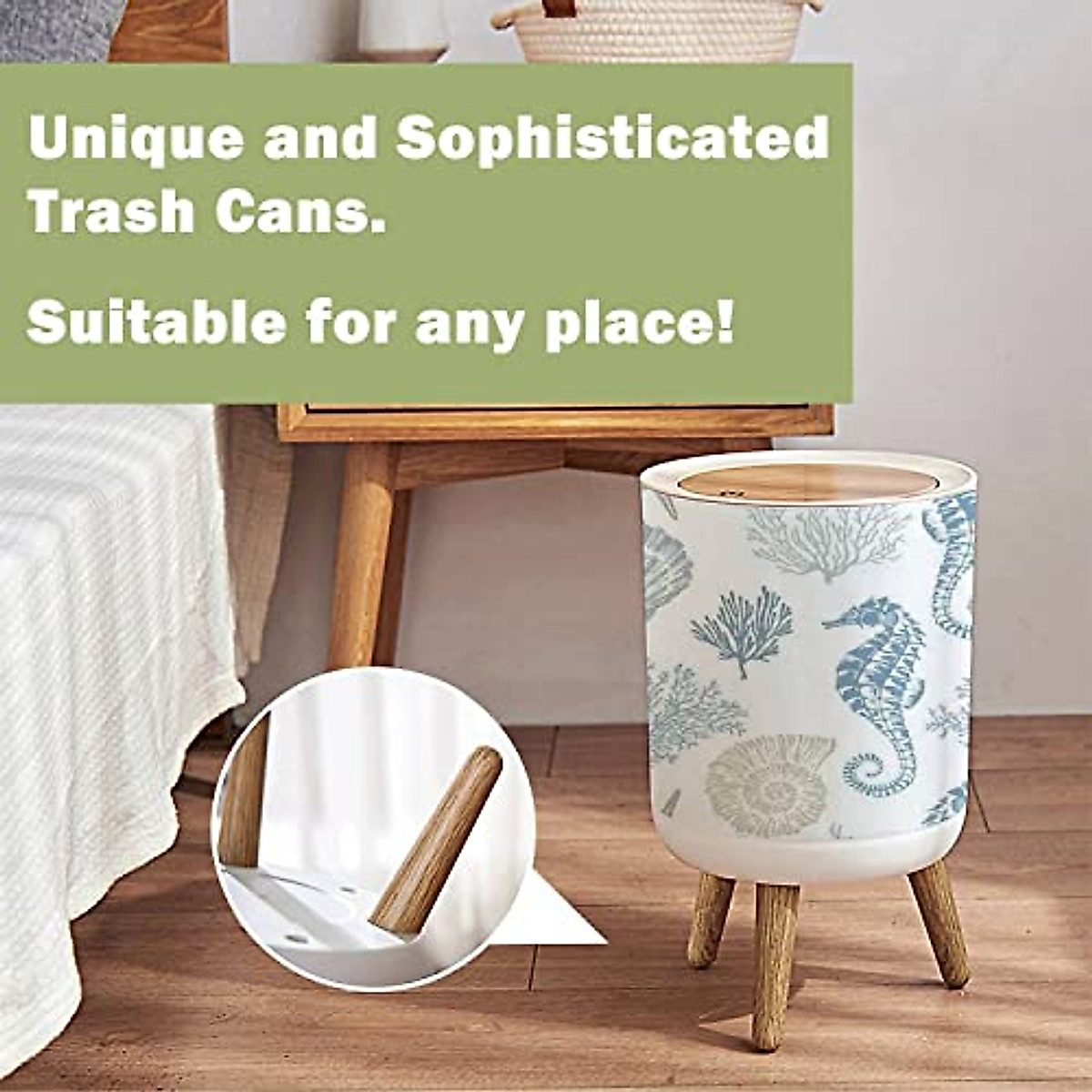 Small Trash Can with Lid Marine hand drawn sea shells stars seahorse coral Highly detailed Round Garbage Can Press Cover Wastebasket Wood Waste Bin for Bathroom Kitchen Office 7L/1.8 Gallon