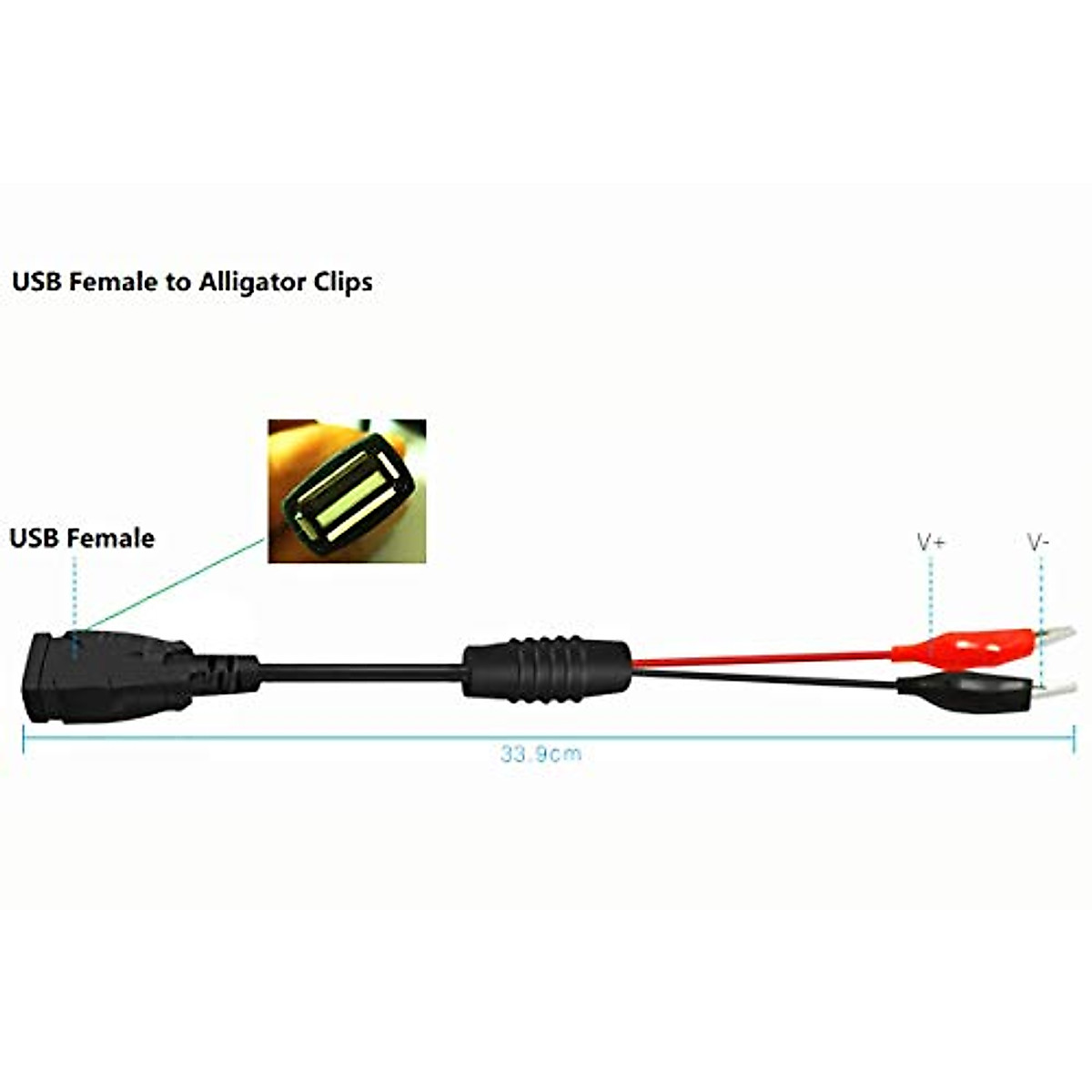 NOYITO Alligator Clips to USB Female Test Lead 18AWG Red Black Wire Max 5A Current Cable Length 12 inches Compatible with USB Devices (Pack of 2) (Alligator Clips to USB Female)