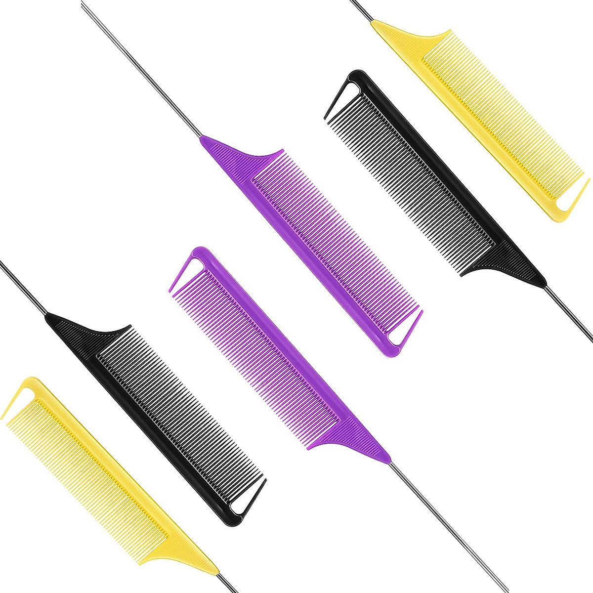 6Pcs Steel Pin Fine Tooth Rat Tail Women's Hair Braiding Combs, Parting Tools for Salon Stylists (Purple, Black, Yellow)