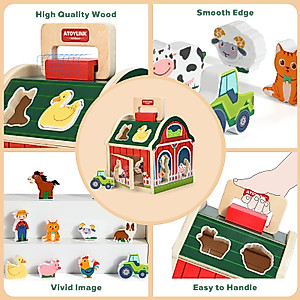 Atoylink Wooden Farm Toys for Toddlers 1 2 3 Year Old Take Along Matching Sorting Barn Farm Animals Playset Preschool Learning Educational Toy for Kids Boys Girls