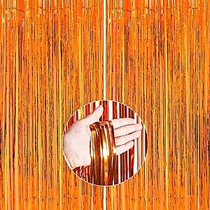 PartyWoo Orange Foil Fringe Curtains, 2 pcs 3.3x6.6 ft Orange Streamers, Fringe Backdrop, Metallic Tinsel Curtains for Birthday Party, Halloween Tinsel Backdrop, Halloween Party Decorations