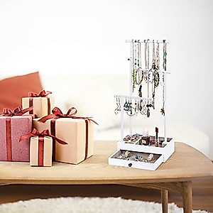 Love-KANKEI Necklace Holder Jewelry Tree Stand Adjustable Height with Large Storage for Necklaces Bracelets Earring Rings Drawer Jewelry Organizer Jewelry Display White and White