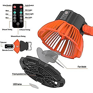 Portable Fan Camping Fan for Tents, 25 Hours Work-time Camping Lantern Ceiling Tent Fan Desk Fan with 7800mAh Power Bank, Clip and Remote, Usb Rechargeable Fan for Hiking, BBQ,Hunting, Hurricane (Black Orange)