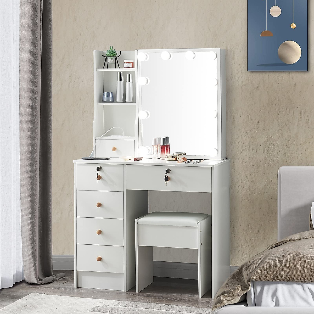 Logimiz Vanity Desk with Mirror and Lights & Power Outlet, 10 Lights Makeup Vanity Mirror 3 Color Changing Modes & Adjustable Brightness, Bedroom Dressing Table Vanity Stool with Drawers, White