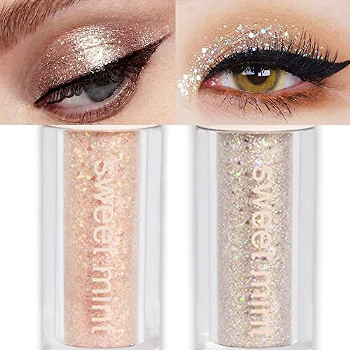 2Pcs Waterproof Crystal Liquid Glitter Eye Shadow Sticks.Quick-Drying Liquid Sparkling Silver Golden Eyeshadow Eyeliner Eyelid.Liquid Highlight Shimmer Eye Makeup Sparkly for Eyes,sombra de para ojos