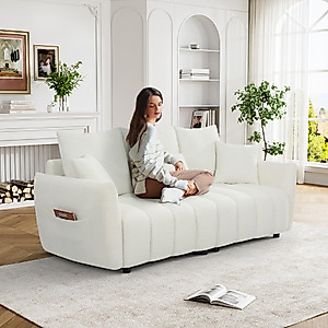 Wrofly Teddy Cloud Sofa Couch, Modern Deep Seat Boucle Sofa, Comfy Upholstered Sherpa 3 Seater Couch with 3 Pillows, Oversized Loveseat for Living Room Apartment Office, Beige White