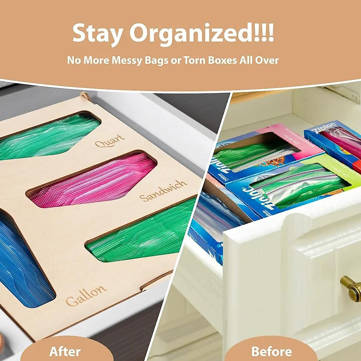 Storage Bag Organizer - Wooden Baggie Organizer for Drawer, Bass Wood - Quart, Snack, Gallon Size, Sandwich Bag Holder - Plastic Bag Organizer with Hinged Lid, Engraved Labels - 11.6x12x3.25"