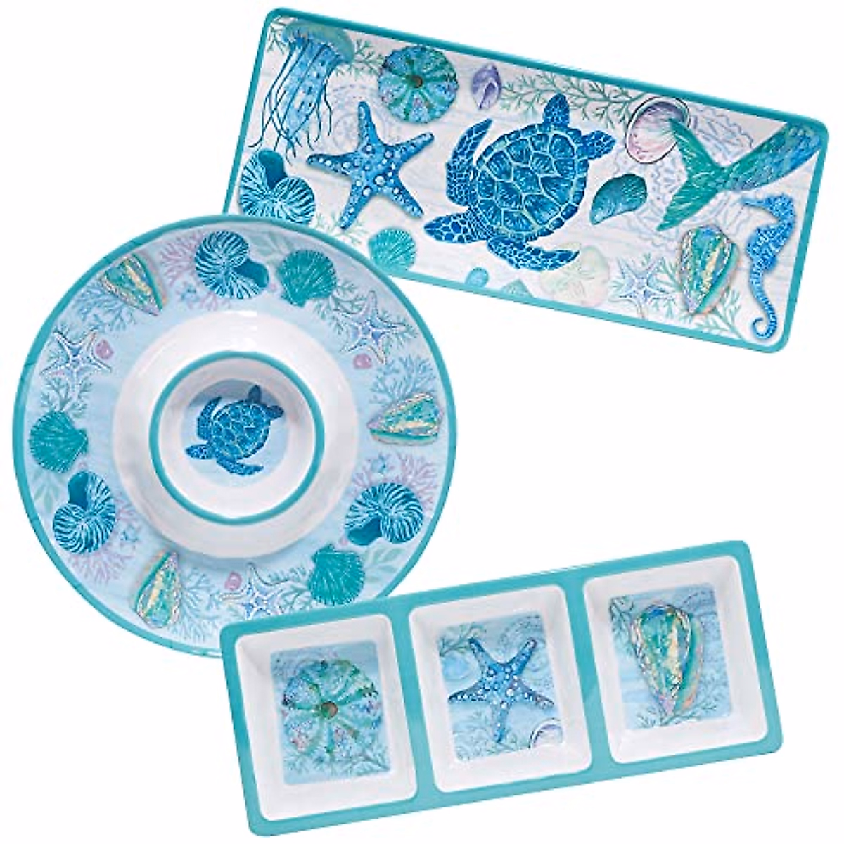 Certified International Serene Seas Melamine 3 Piece Hostess Servware Set, Multicolor, Large