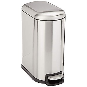 Amazon Basics 10 Liter / 2.6 Gallon Soft-Close, Smudge Resistant Trash Can with Foot Pedal for Narrow Spaces - Brushed Stainless Steel