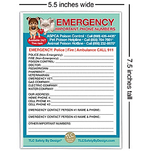 TLC Safety By Design Emergency Contact Fridge List in 5.5” x 7.5” Plastic Cover Magnetic Sleeve Refrigerator Safety Important Phone Call Numbers (Pet Medical ICE, 2 Cards and 1 Magnetic Sleeve)
