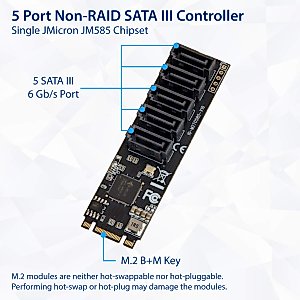 IO CREST Internal 5 Port Non-RAID SATA III 6GB/s M.2 B+M Key Adapter Card for Desktop PC Support SSD and HDD. JMB585 Chipset