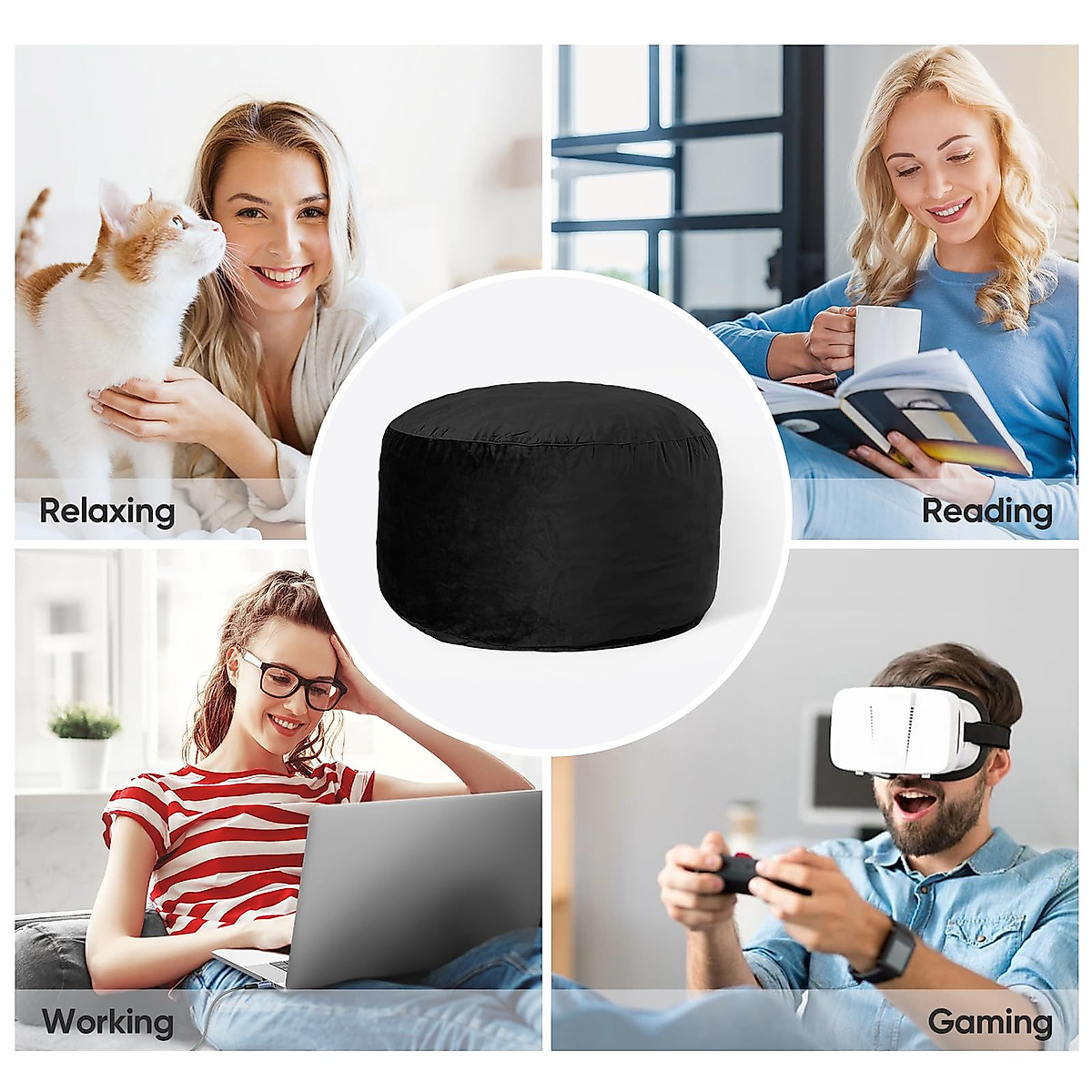 SEASXOLTE Bean Bag Chair 3Ft, Memory Foam Filled, Removable Velvet Cover, Bean Bag Chairs for Adults and Teens, Round Sofa Chair for Living Room, Bedroom and Gaming Room, Black