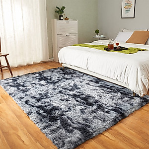 YQQRIGRO 9x12 Ft Rugs for Bedroom, Tie-Dyed Dark Grey Super Soft Shaggy Fluffy Carpets, Indoor Modern Plush Area Rugs for Living Room Dorm Kids Room, Fuzzy Non-Slip Rugs for Boys Girls