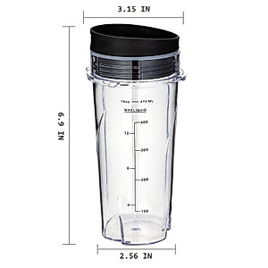 16oz Replacement Cups for Ninja QB3001SS Fit Compact Personal Blender, with Lids- 2 Pack.