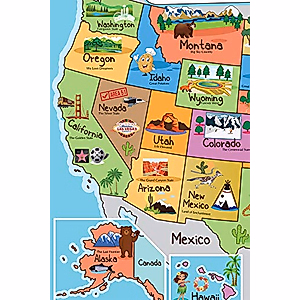 Kids United States Map | Wall Poster 13" x 19" US Map Premium Paper | 50 USA States w/Slogans & Images - Laminated