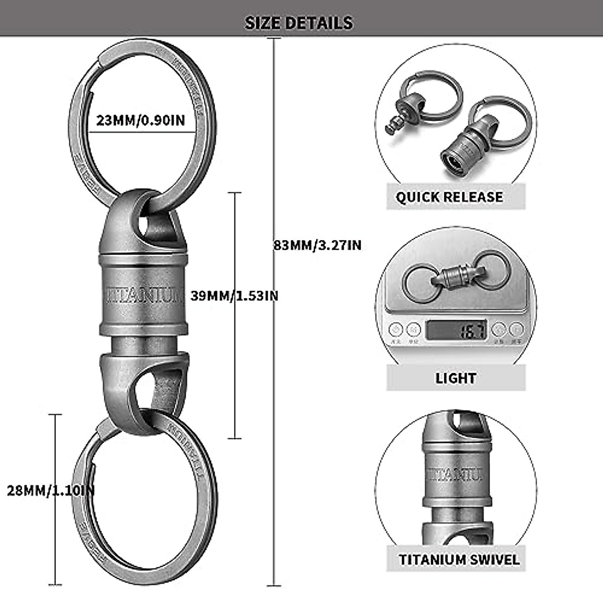TISUR Titanium Quick Release Swivel Keychain, Heavy Duty Detachable Keychain Connector, Pull Apart Separating Key Chain, Key Ring Holder for Car Keys (1Pc Swivel Keychain +2pcs Titanium Key Rings)