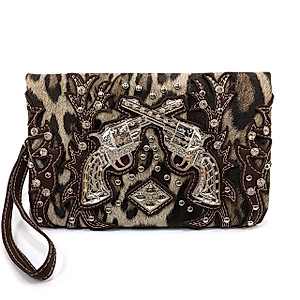 Justin West Double Pistol Gun Leopard Cross Body Messenger Purse Wristlet Clutch Handbag (Brown)