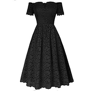 Women's Wedding Dress Short Sleeve Lace Dress Bridal Shower A Line Bridsmaid Party Dresses Black M