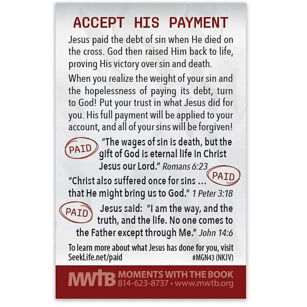 Moments With The Book Jesus Paid It All (Mini Gospel Tract Card - Packet of 100 - NKJV)