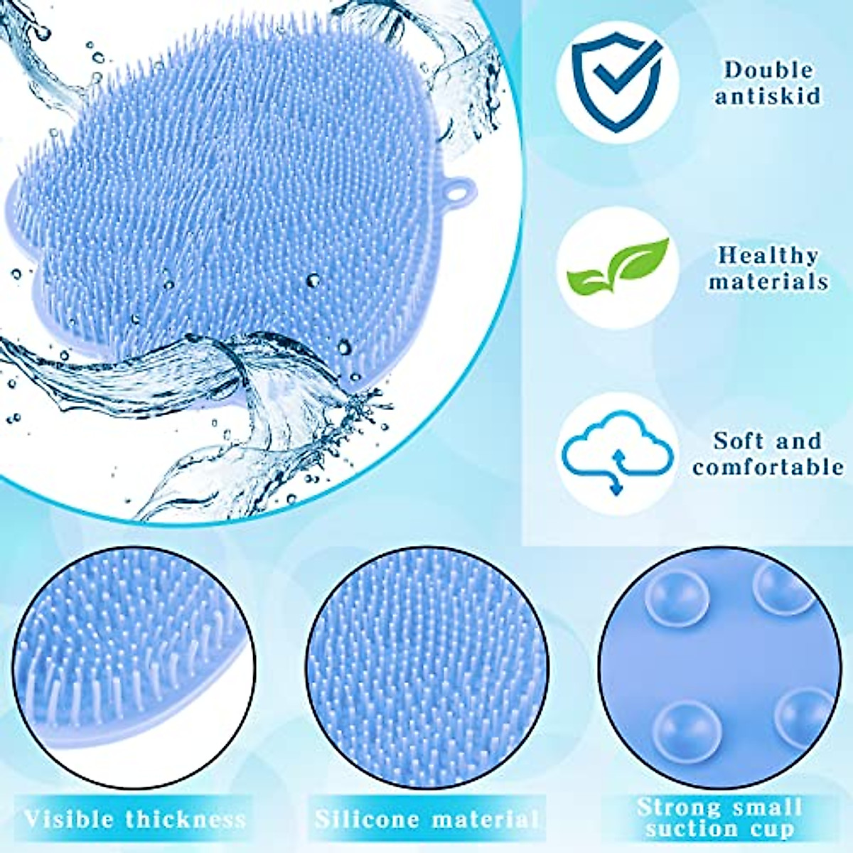 2 Pieces Silicone Back Scrubber Wall Mounted Shower Back Massager Scrubber Big Flat Back Scrubber for Shower Body Brush Foot Massager for Women Men (Blue, Gray)