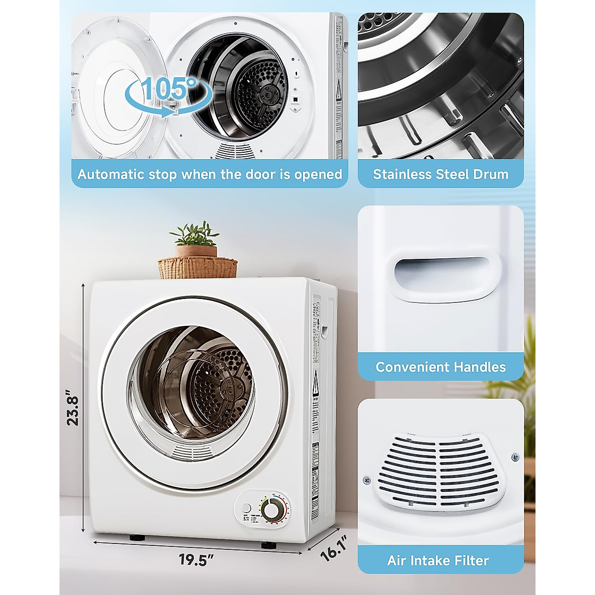 Feelfunn 110V Portable Dryer – 850W Compact Clothes Dryer with 4 Automatic Drying Modes, Stainless Steel Tub, Simple Control Knob for Apartments, Dorms & Small Spaces