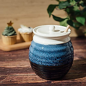 Honey Jar Pot By Gute 6"H - Elegant & Modern Ceramic With Dipper & Lid Rosh Hashanah Gift - Home Kitchen Honey and Syrup, Gorgeous Blue Beehive Honey Jar, Great For Jam, Jelly, 14oz (Ocean Blue)