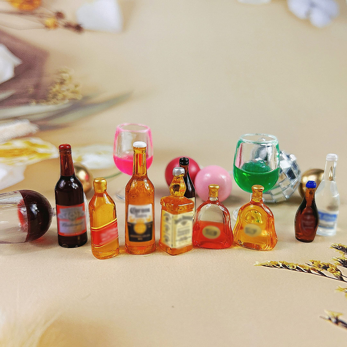 36 PCS Mini Wine Bottles Cake Toppers With 12 Mini Wine Bottles 5 Mini Wine Glasses 1Toilet Toy 1 Beauty Doll 21st Birthday Cake Topper for Celebrating Birthday Girl Party (Pink)