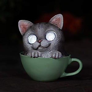 Cat Figurines | Solar LED Outdoor Garden Decorations | Cat Statue Decor | Cat Stuff for Cat Lovers | Light Up Decorative Statue Accents Yard, Patio, Lawn, Deck (Gray, 1 Pack)