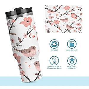 FRCSDIY Birds and Flowers Insulated Tumbler with Handle and Straw Lid,40oz Leakproof Stainless Steel Cup BPA-Free Water Bottle