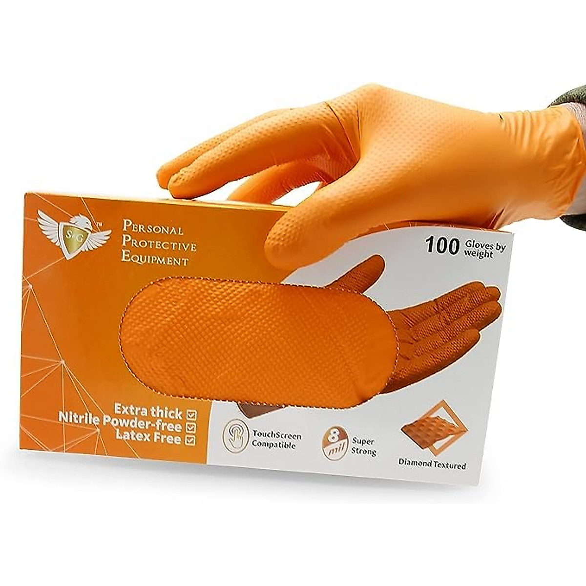 S&G Orange Nitrile Gloves | 100 Pcs | XL | Disposable Latex-Free 8Mil Thick Heavy Duty Powder-Free for Mechanics, Industrial