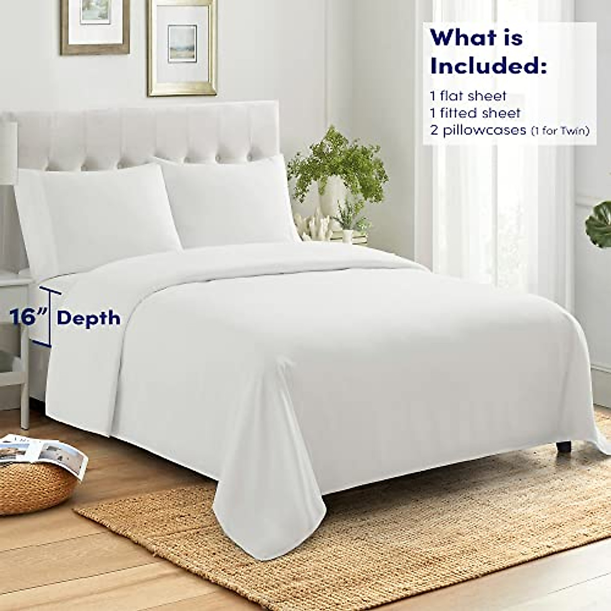 Queen Size Sheets 100% Cotton Made in Egypt Soft 400 Thread Count for Queen Size Bed Mattress, 4 Pieces Bedding Sheets & Pillowcases Sets, Queen, White