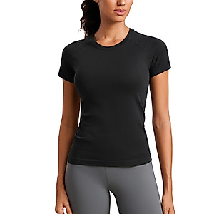 CRZ YOGA Seamless Workout Tops for Women Short Sleeve Athletic Tees Breathable Gym Running Yoga Shirts Black Medium