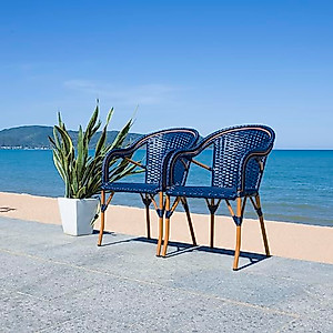 SAFAVIEH Outdoor Collection California Bistro Navy 36-inch Seat Height Armchair Set of 2 (Fully Assembled)