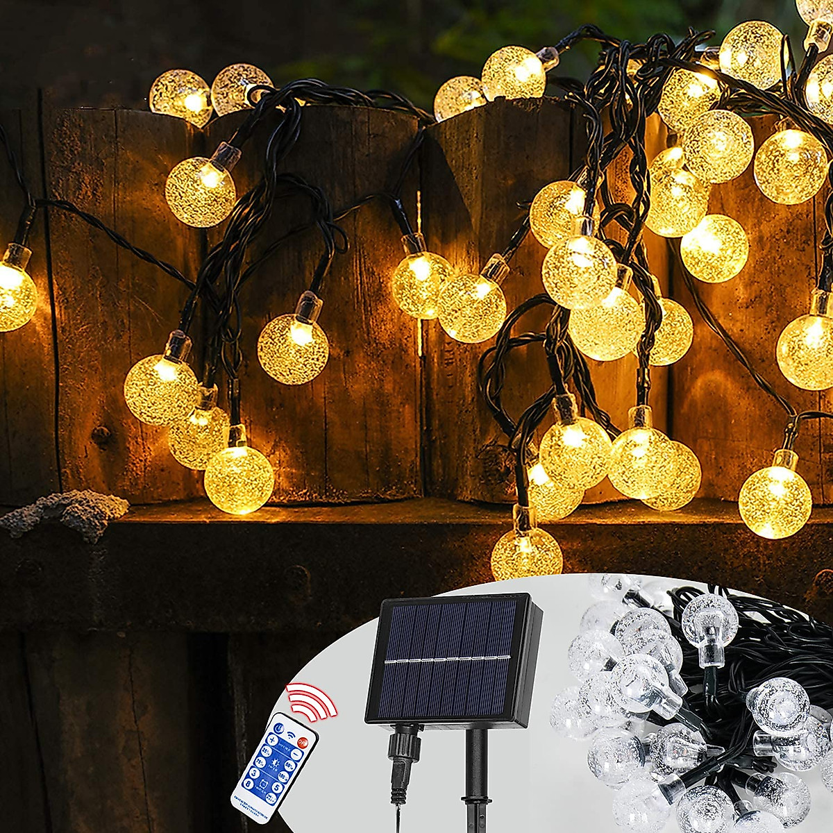DING.PAI Solar Outdoor String Lights, Waterproof Solar Lights Outdoor with 80 LED Crystal Lamp Beads 8 Switching Modes for Garden Yard Porch Wedding Party Decor (Warm Yellow, 40FT)