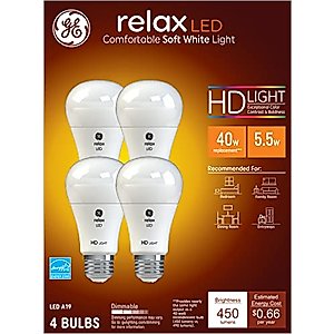 GE Relax LED Light Bulbs, 40 Watt Eqv, Soft White HD Light, A19 Standard Bulbs (4 Pack)